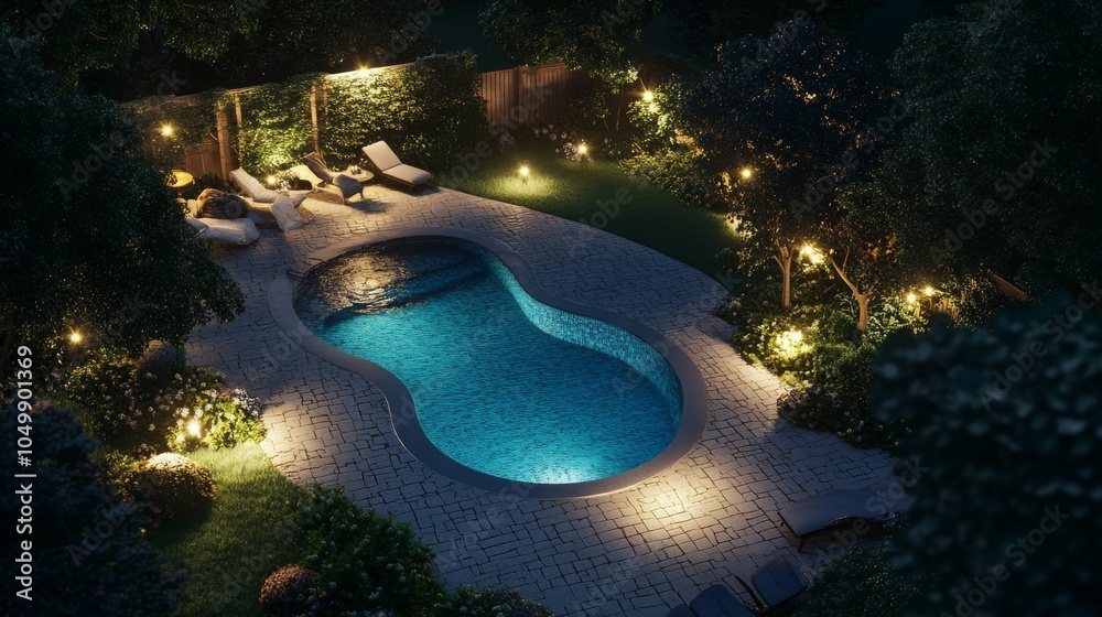 4K night photo of a backyard with a curvy pool, paver patio, and lit ...