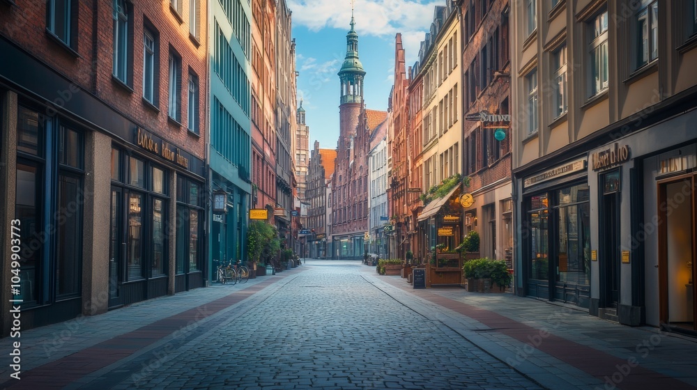 Sunlit European street featuring historic buildings with tall, narrow ...