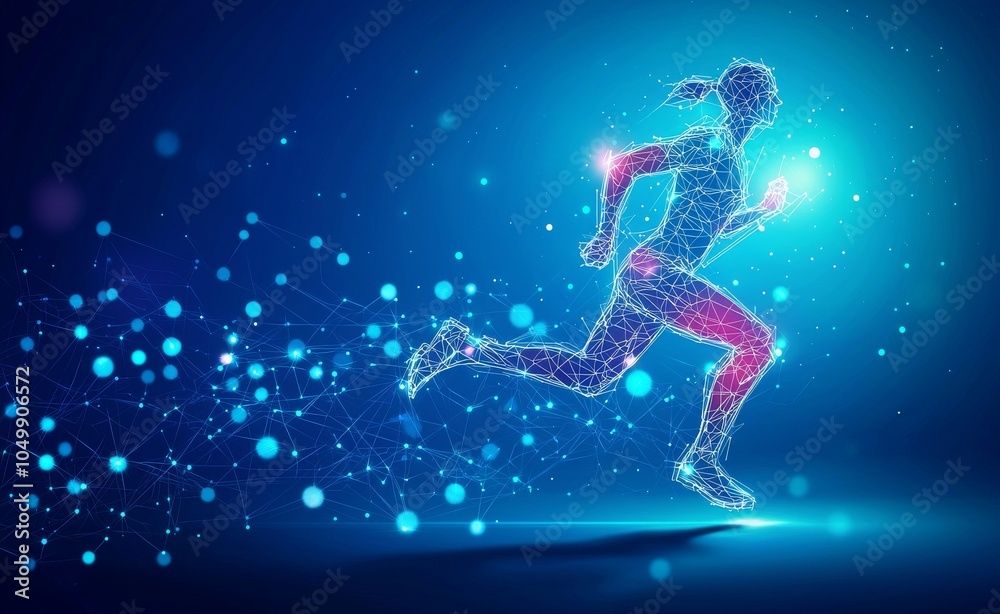 On a dark blue background, an abstract running man is depicted using ...