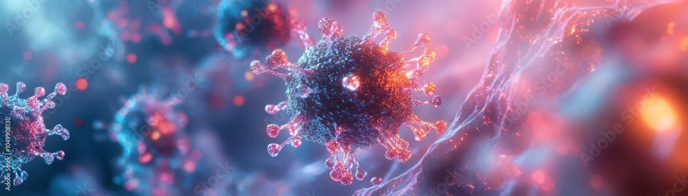 A 3D render of a viral particle, showing its lipid envelope and spiked ...