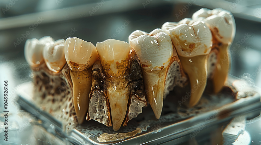 A decayed tooth that has been extracted, lying on a metal tray. The ...