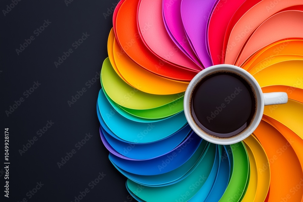 Coffee cup is placed in center of a flower. flower is made up of coffee ...