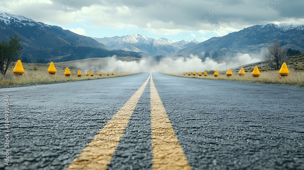 Freshly Paved Asphalt with Steam Rising A wide shot of a newly paved ...