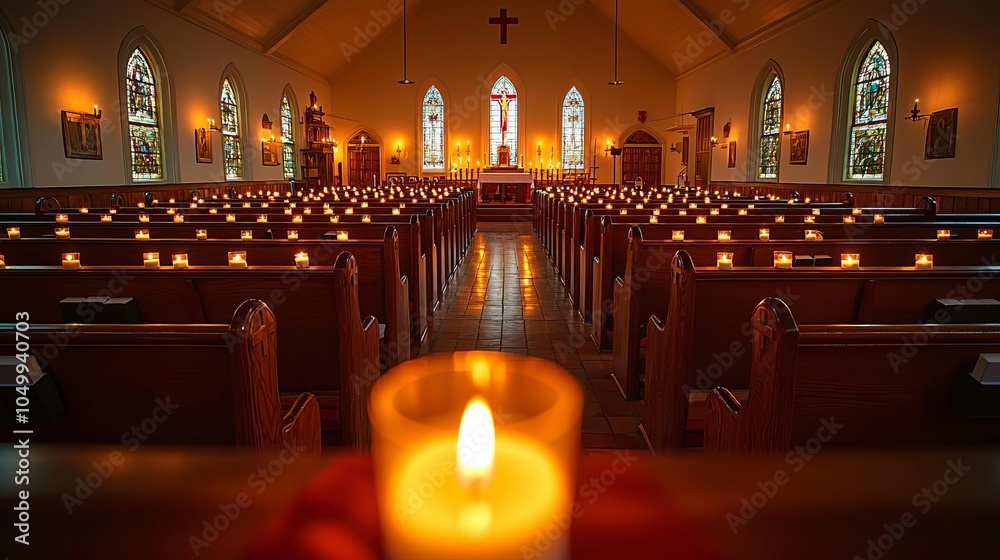 All Saints Day Historic chapel interior with soft candlelight illuminating the pews, peaceful ...