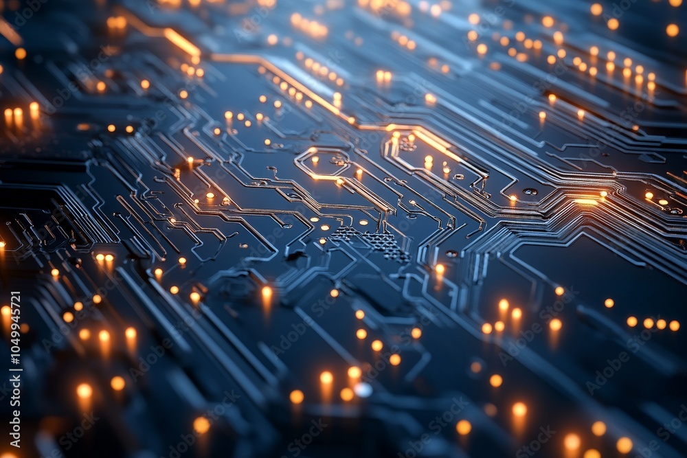 A detailed look at an intricate circuit board, glowing with soft ...