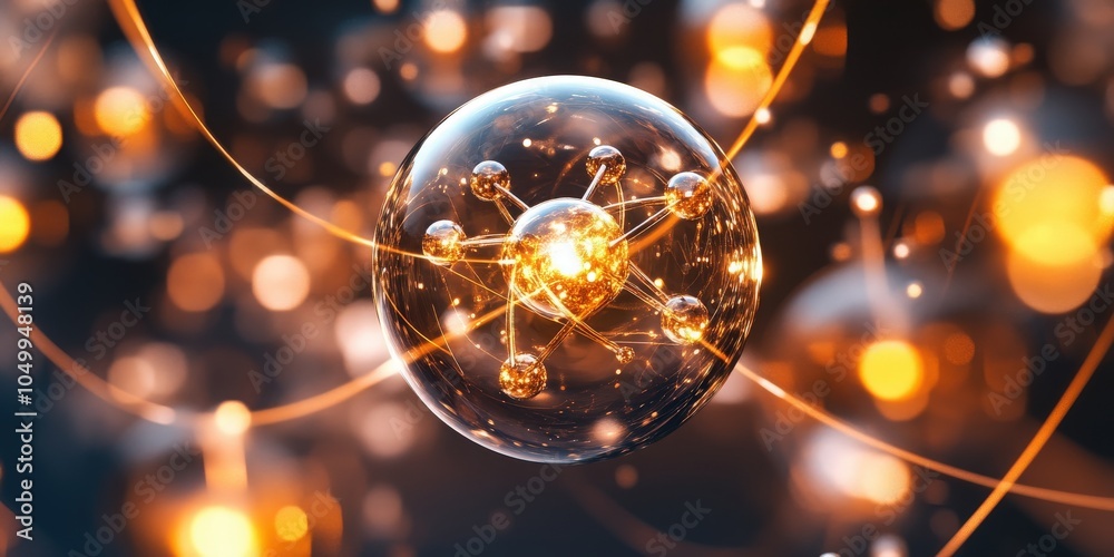 Shiny ball sphere align linear pattern in air space for atoms or ...