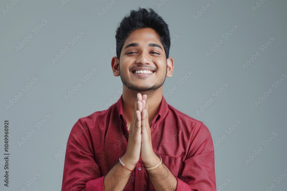 A young man with folded hands and a heartfelt smile expresses gratitude ...
