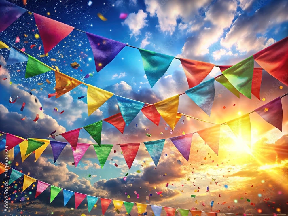 Colorful party flags sway joyfully amidst vibrant confetti in a festive ...