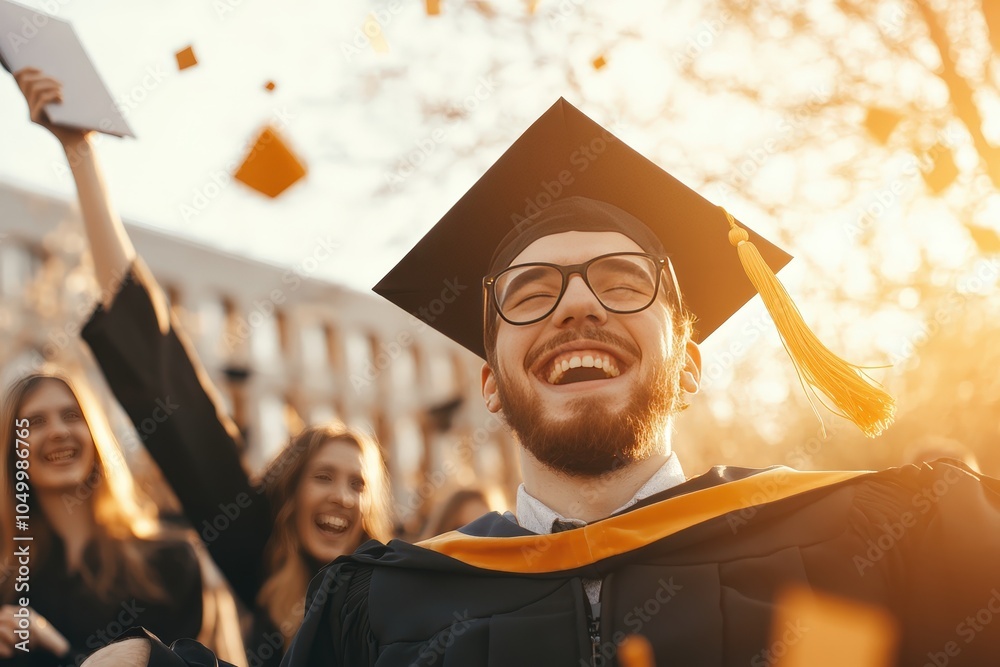 Joyful graduate celebrates achievement, throwing cap in the air amidst ...