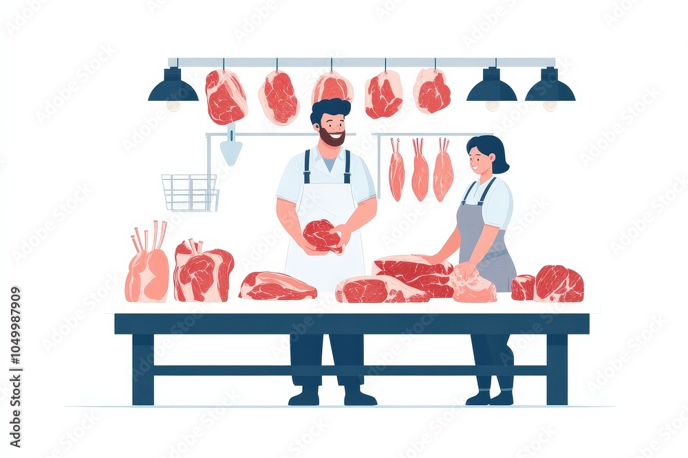 Butcher Shop: Two smiling butchers proudly display fresh, raw meat cuts ...