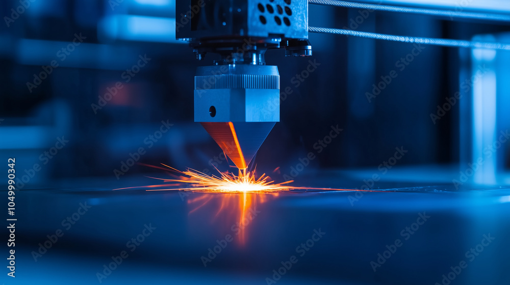A mesmerizing scene of a 3D printer printing metal, with intense beams ...