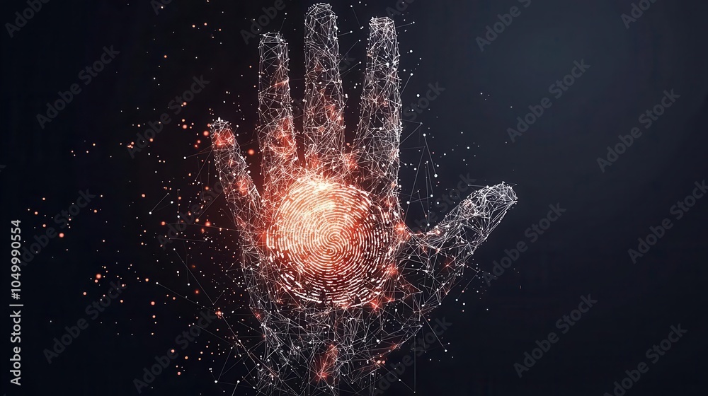 Biometric handprint glowing in front of encrypted data, representing ...