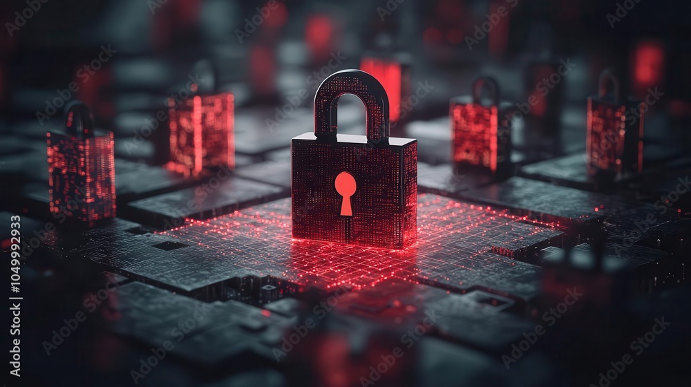 Holographic locks rotating around personal data servers, representing ...