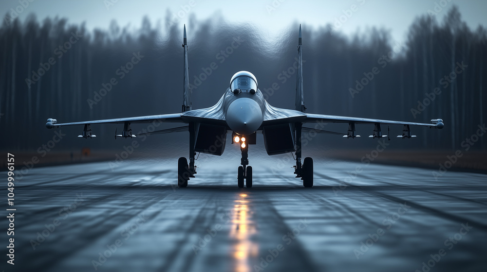 A close-up view of a fighter jet parked on the runway, with its ...