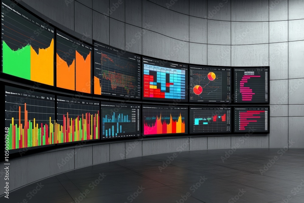 A modern data visualization room featuring multiple screens displaying colorful graphs and ...