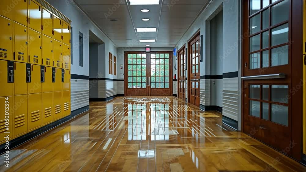 Shining School Hallway: Gleaming floors reflect the light in a bright ...