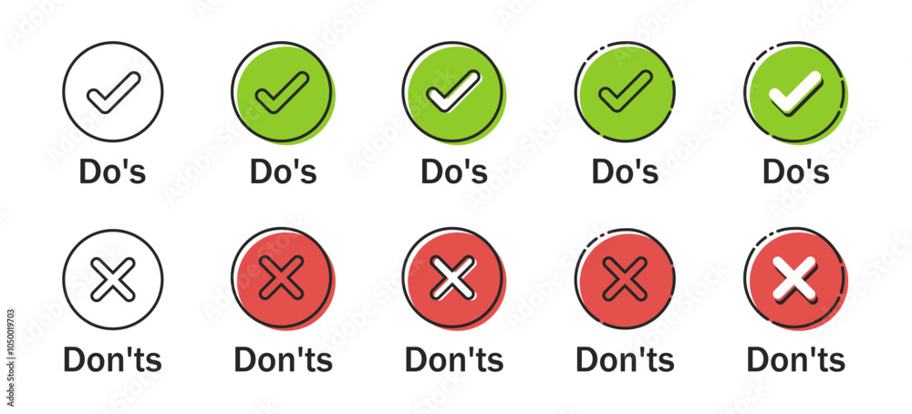 Do's and don'ts buttons for guidelines with green check marks and red ...