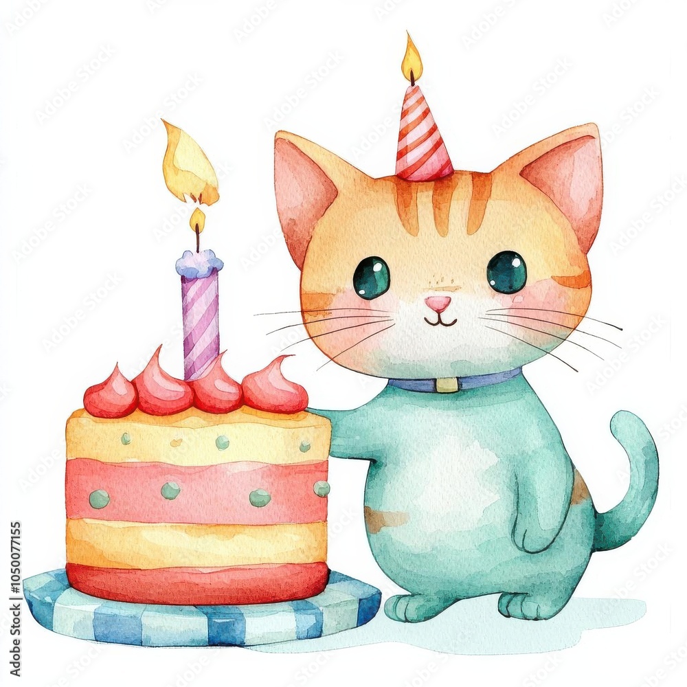 A watercolor clipart of cute cat with a birthday cake, playful and ...