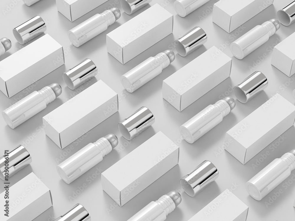 cylindrical cosmetic containers and empty white boxes packaging lay ...
