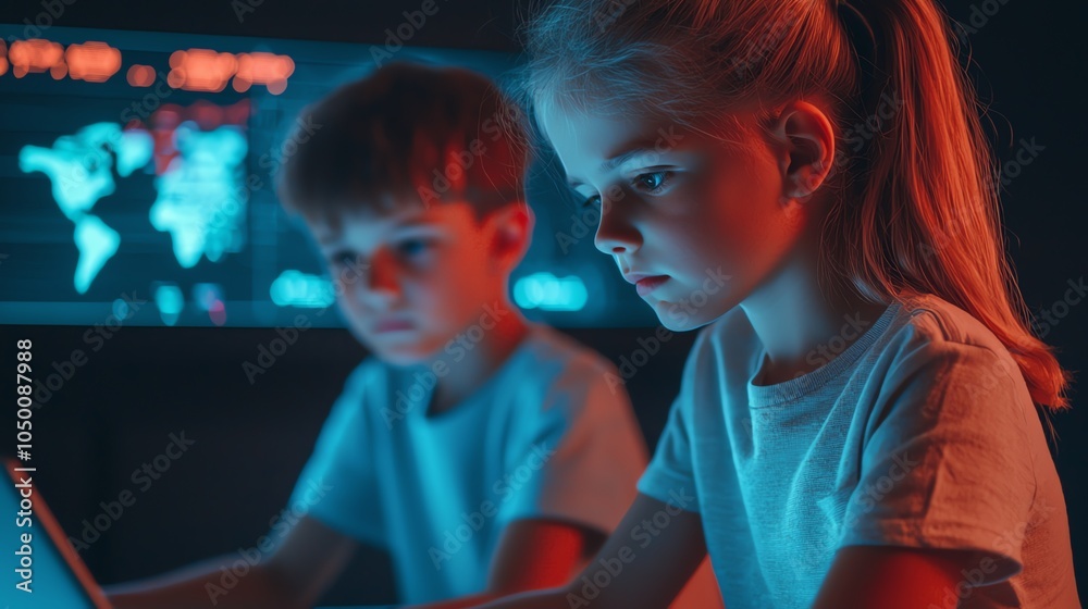 Kids exploring virtual maps on tablets side view with landmarks ...