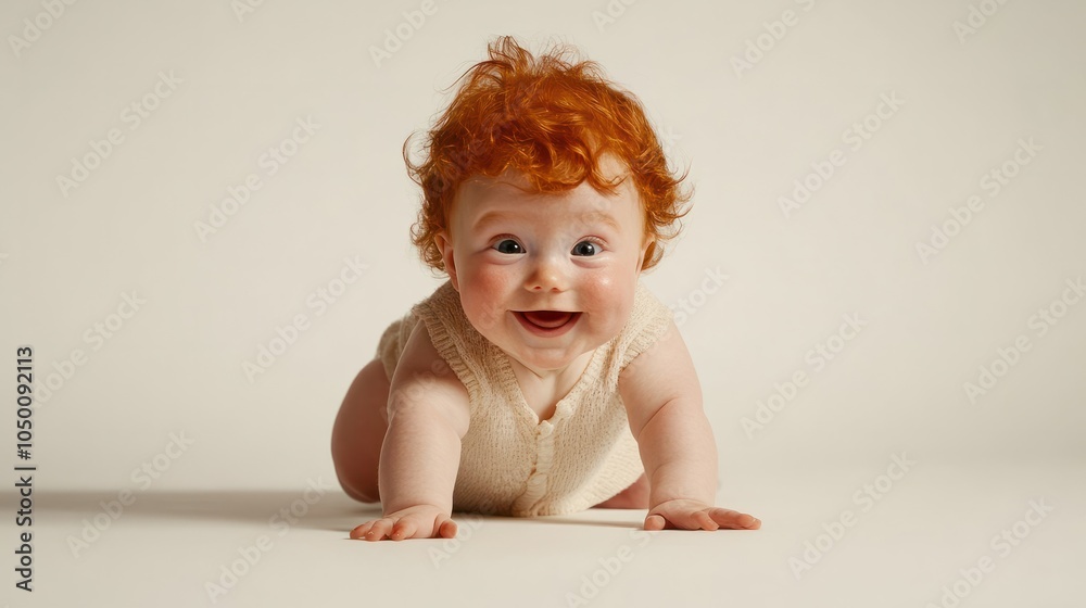 Chubby ginger baby boy in bodysuit, barefoot. He smiling, creeping on ...