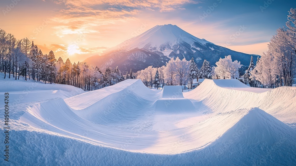 Morning Alpenglow Over Snow-Covered Half-Pipe: Illuminated Terrain Park ...