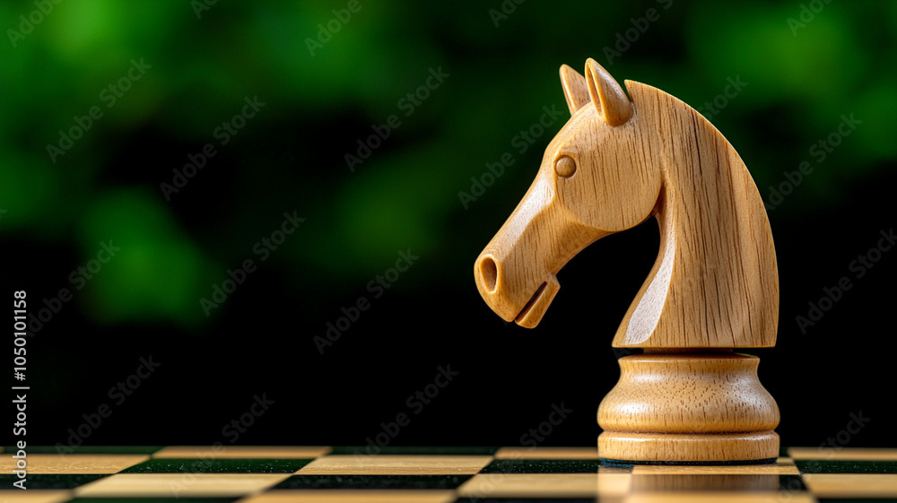 wooden horse chess piece stands prominently on chessboard, surrounded ...