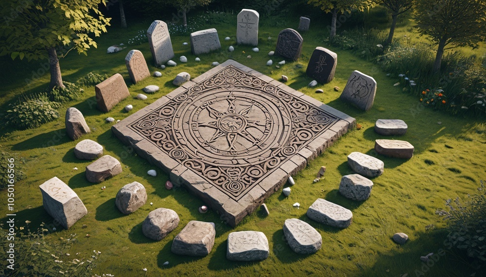 A detailed illustration depicting a Viking burial site adorned with ...