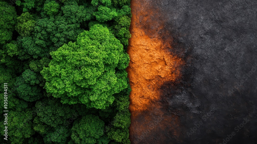 An aerial view strikingly contrasting a lush green forest with a barren ...