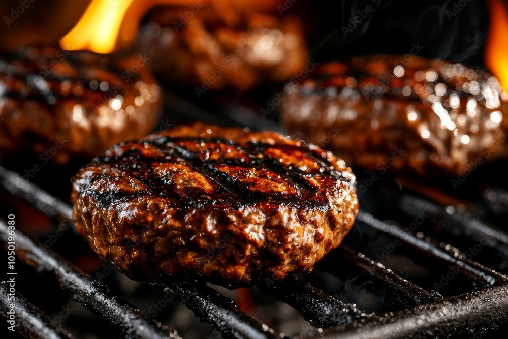 Juicy grilled beef burgers sizzling on a barbecue, adding a smoky ...