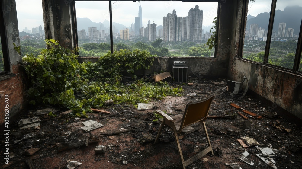 A hauntingly beautiful scene of an empty room being reclaimed by nature ...