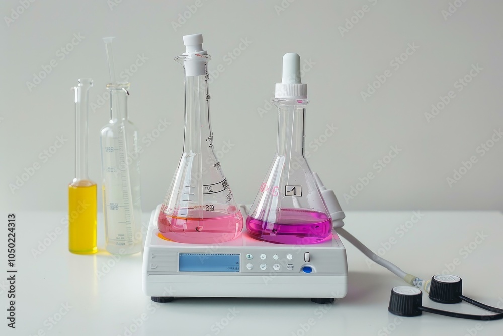 Laboratory equipment heating chemicals inside erlenmeyer flasks on top ...