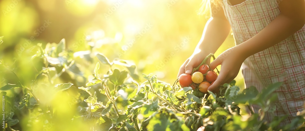 Capture a farmer picking fresh produce in a sunlit field, emphasizing ...