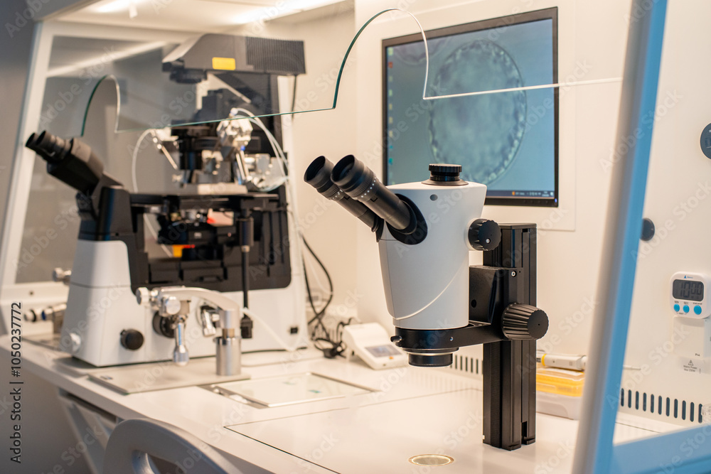 IVF and science Laboratory. ICSI station and stereomikroscope in a ...