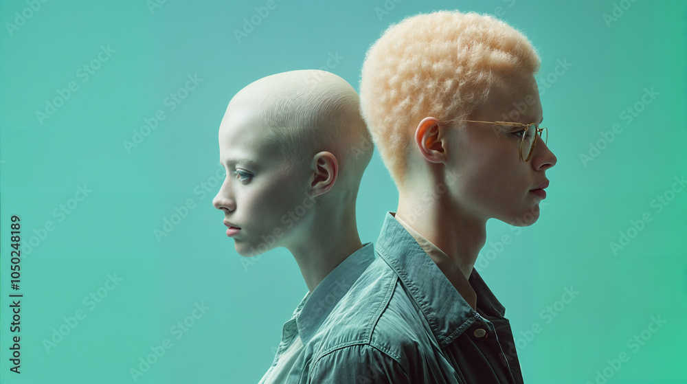 Albino person with a shaved head on the left and a albino person with a ...