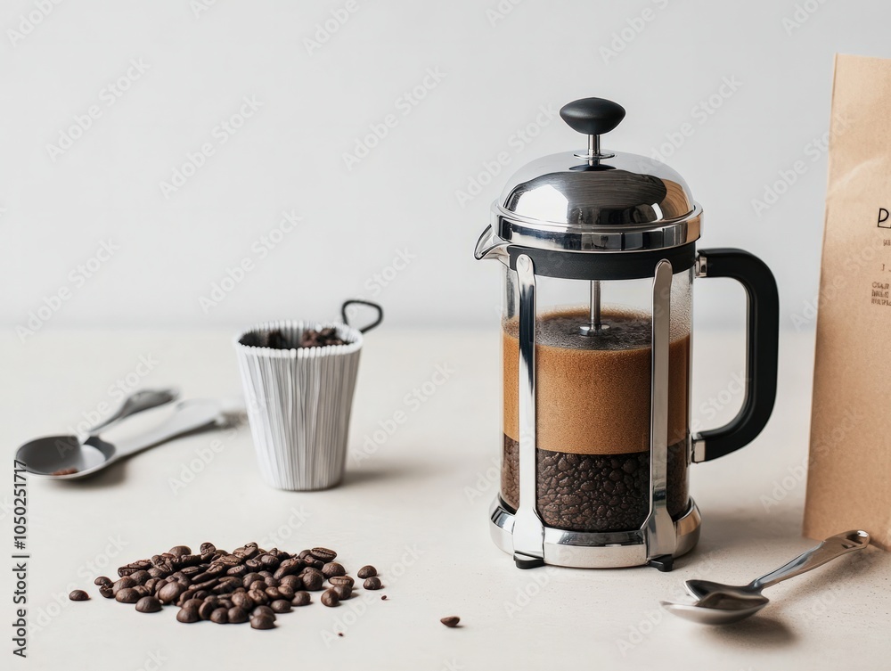 A stylish DIY coffee brewing kit with a French press, a coffee scoop ...