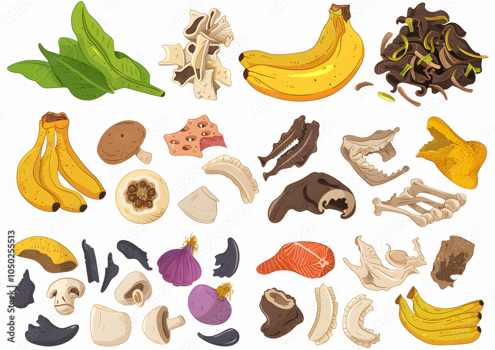 Illustration of various food scraps, including banana peels, mushrooms ...