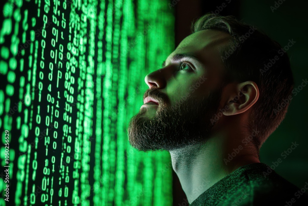 Hacker in dark room, green binary flow background financial fraud and hacking concept Stock ...