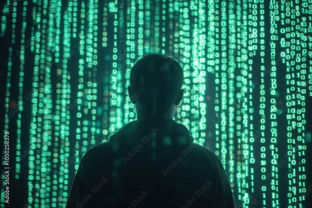 Hacker in dark room, green binary flow background financial fraud and hacking concept Stock ...