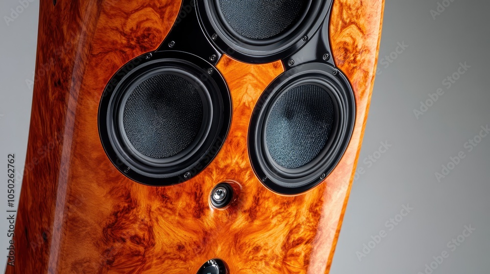 Detailed view of the woofer and tweeter of a high-end acoustic speaker ...