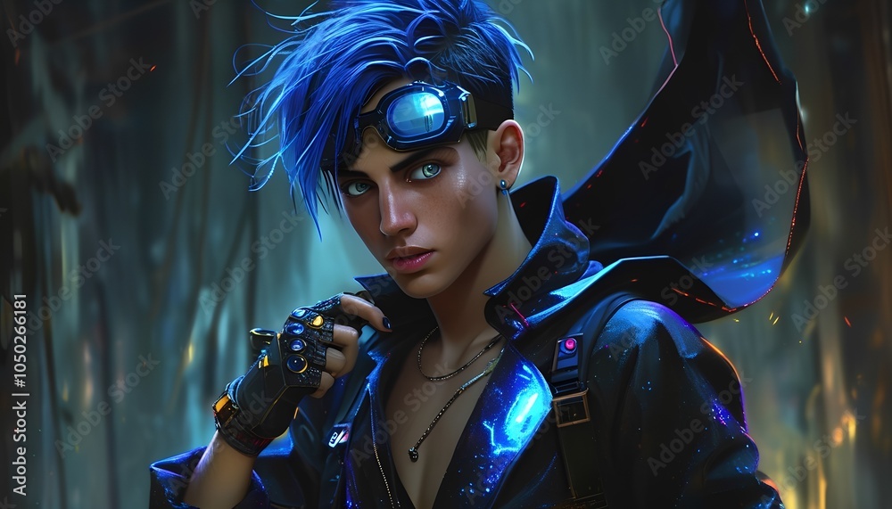 Nox is a dynamic character with short, spiky hair that is deep midnight ...