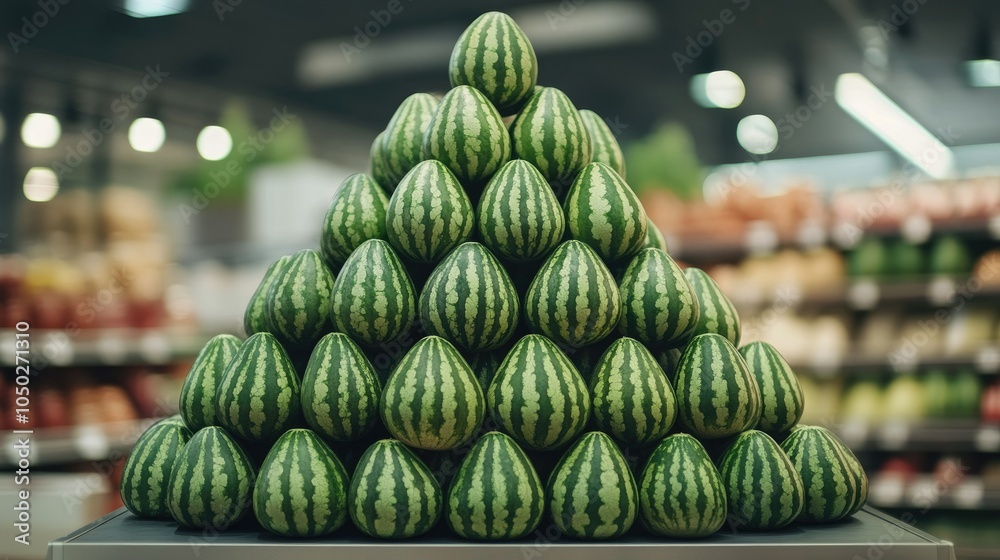 Watermelons stacked in a neat pyramid on a supermarket shelf, with the ...