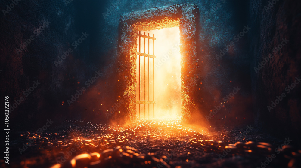 Glowing open gate in dark tunnel, symbolizing escape and freedom Stock ...