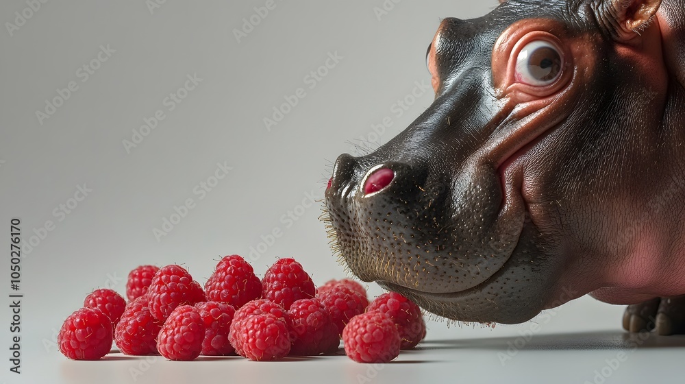 A side-angle close-up of a pygmy hippopotamus inspecting a small pile ...