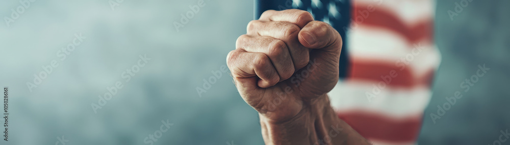 Strong hand raised in fist against blurred American flag background ...