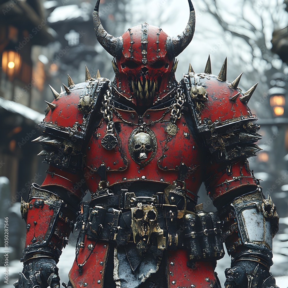Chilling 3D character demon with spiked armor and blood-red skin ...