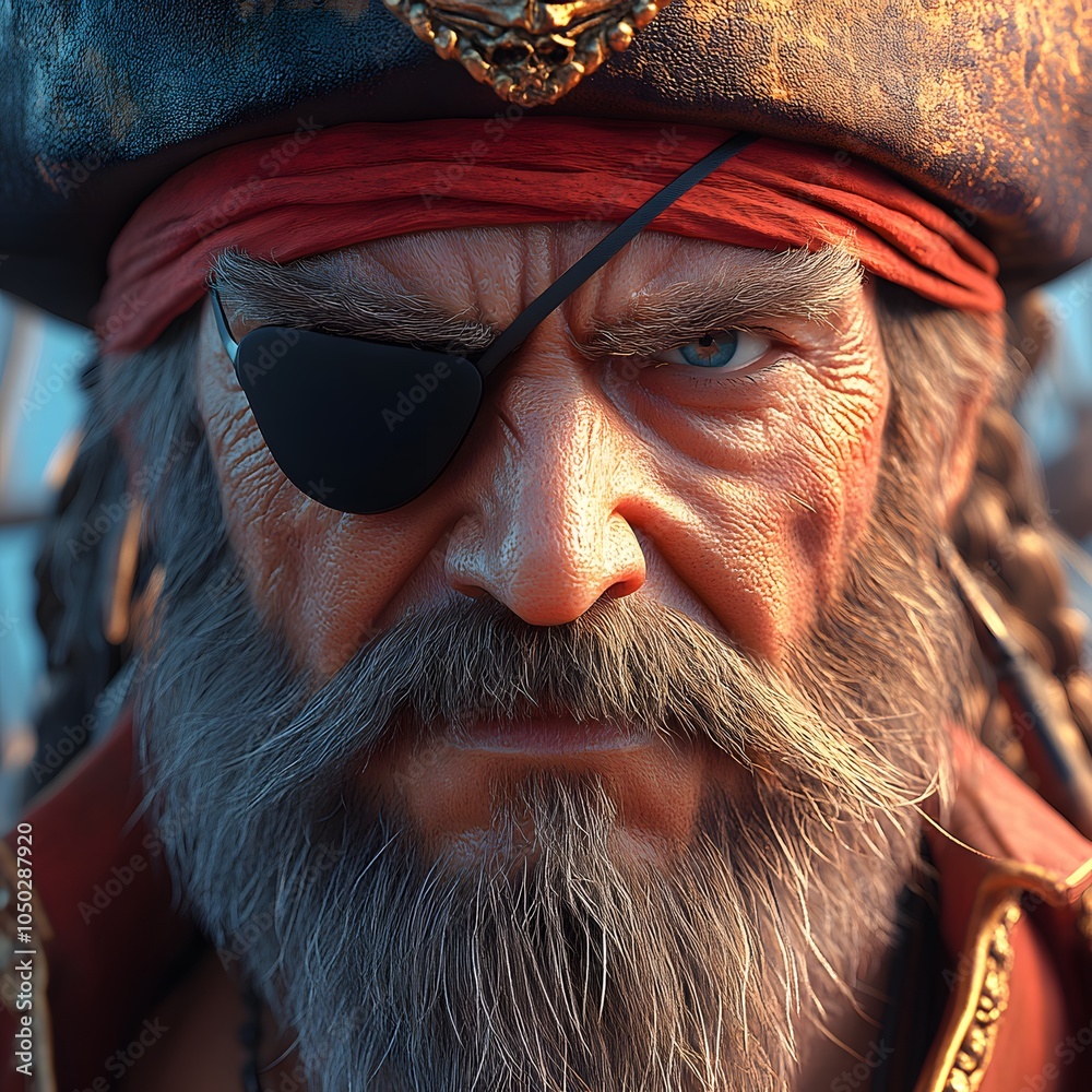 Bold 3D character pirate with an eye patch and a tricorn hat, posing ...