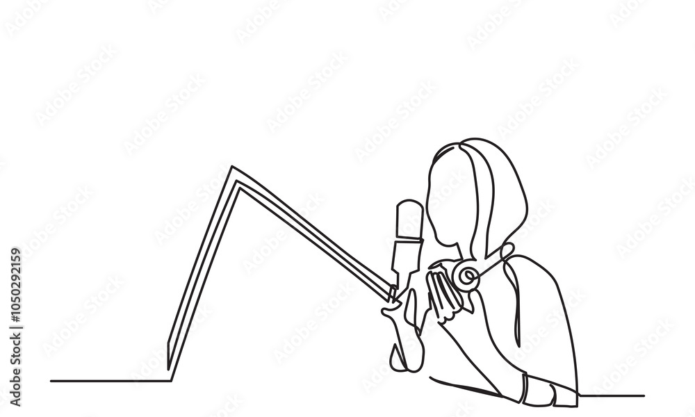 Continuous line drawing of interviewing woman on a podcast discussion ...