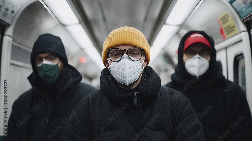 Wearing a mask on public transport, visual reminder of safety measures ...
