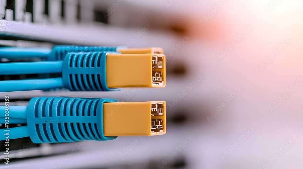 Detailed close up shot of a blue ethernet cable being inserted into a ...